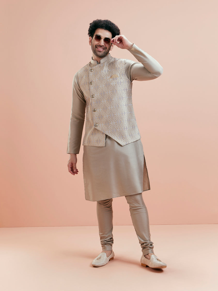 Grey Silk Blend Geometric Nehru Jacket Kurta Churidar Set – Kisah