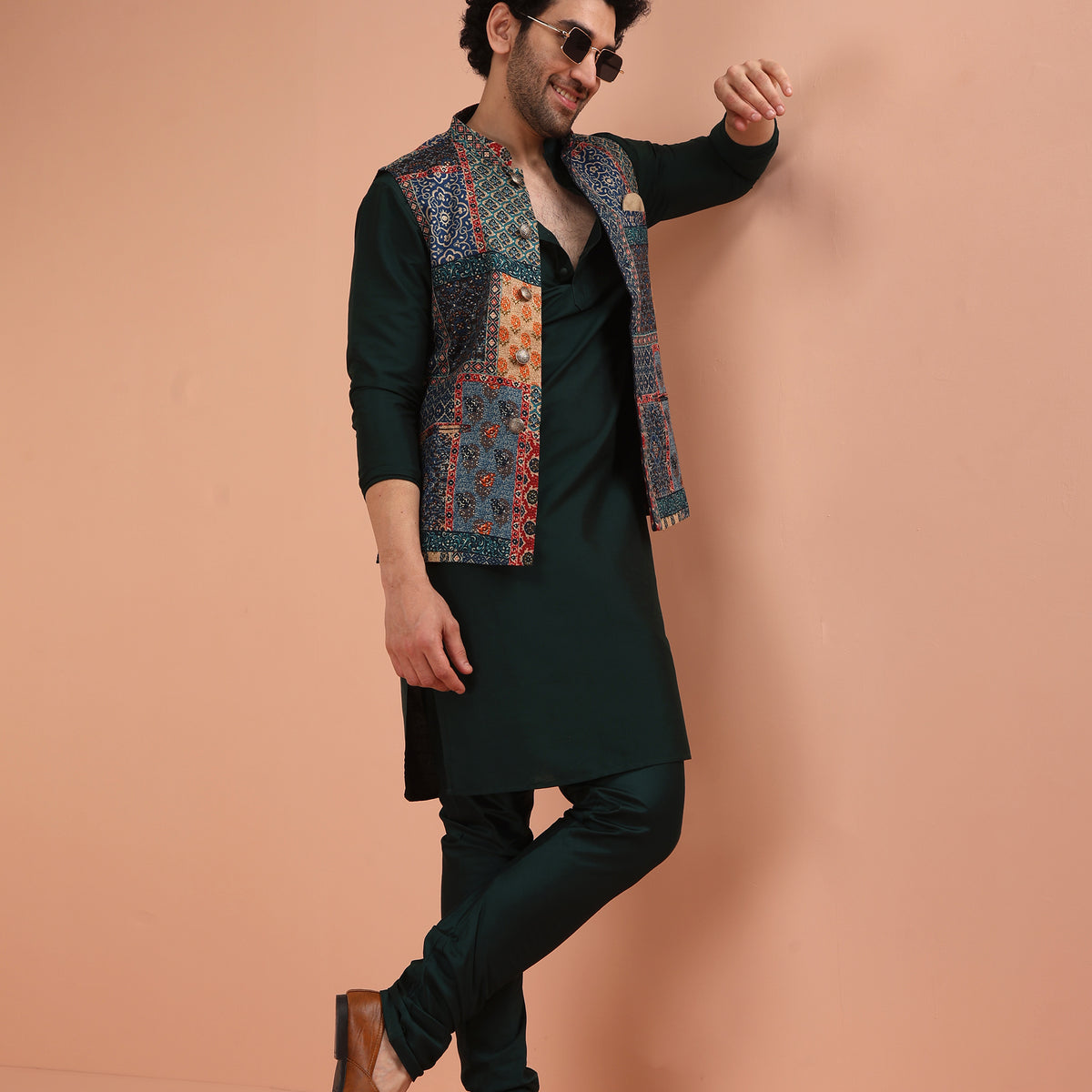 Multicolor Art Silk Printed Nehru Jacket Bundi with Kurta Churidar – Kisah